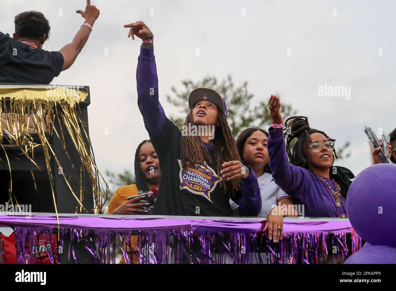 April 5, 2023: Former LSU great Seimone Augustus throws beads to fans ...