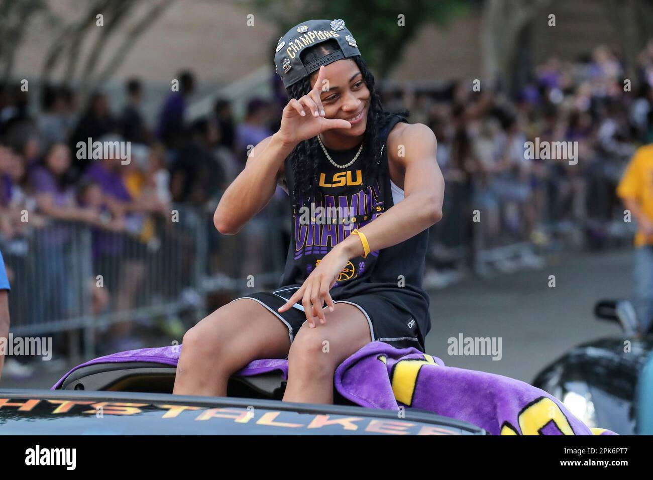 April 5, 2023: LSU's Alexis Morris holds up the L sign for fans during ...