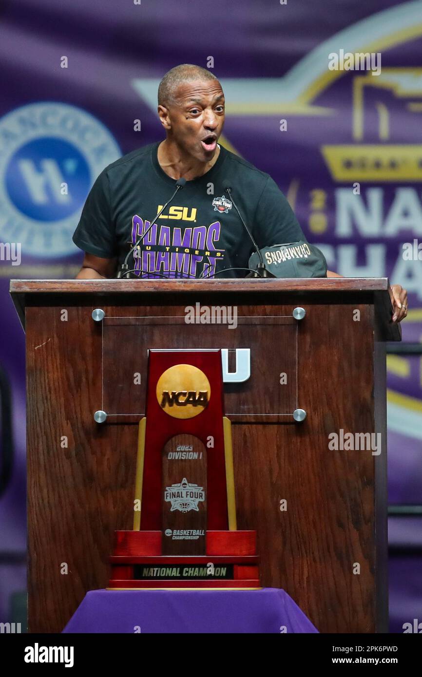 April 5, 2023: LSU President William F. Tate IV speaks to the crowd ...