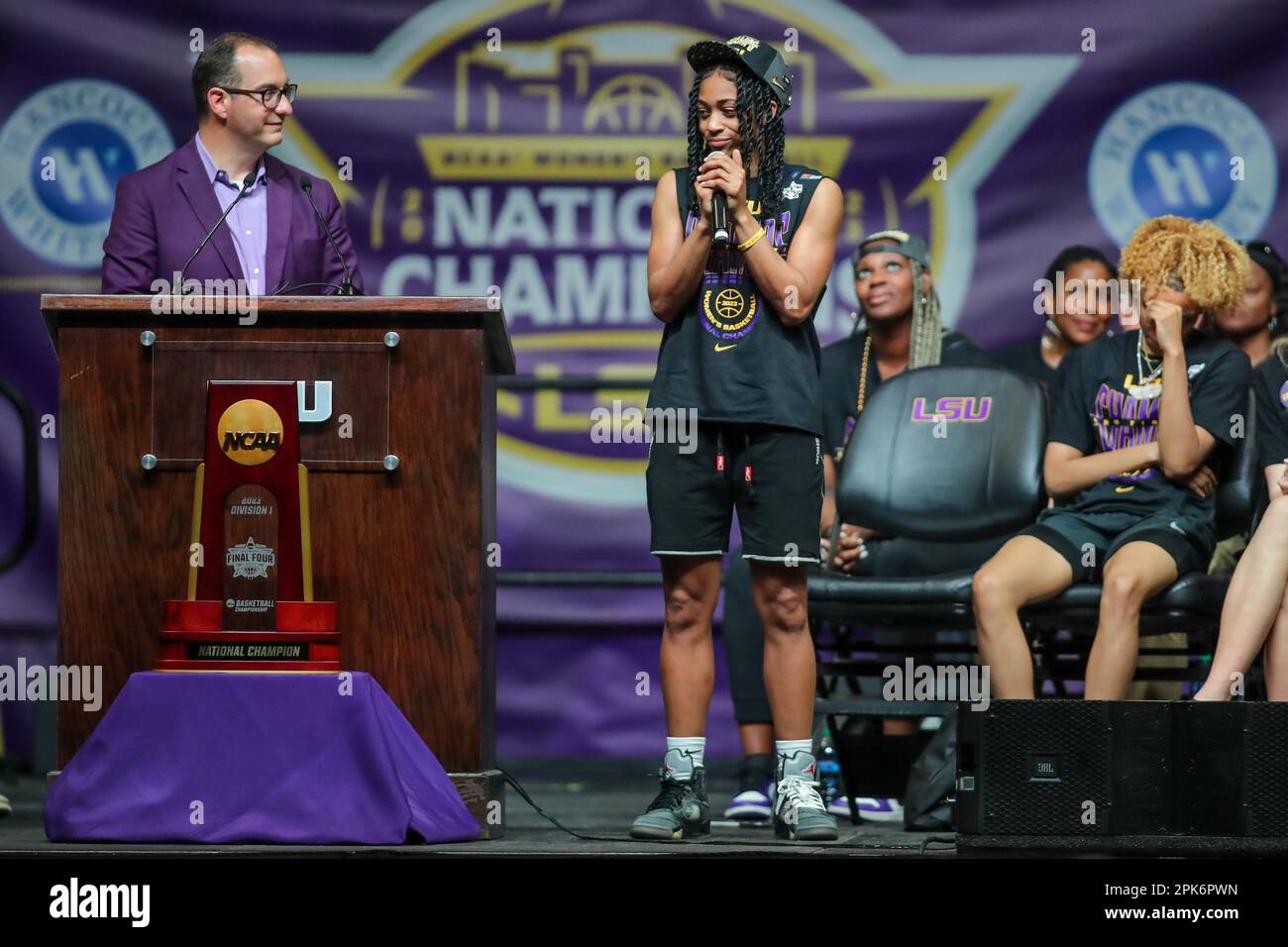 Baton Rouge, LA, USA. 5th Apr, 2023. LSU's Alexis Morris speaks to the ...