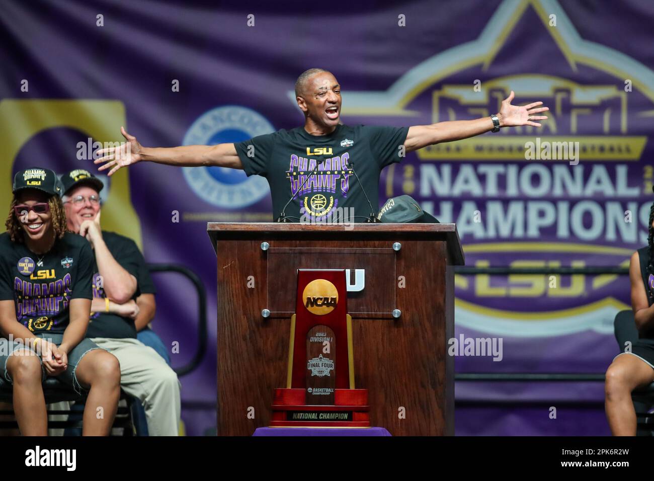 April 5, 2023: LSU President William F. Tate IV speaks to the crowd ...