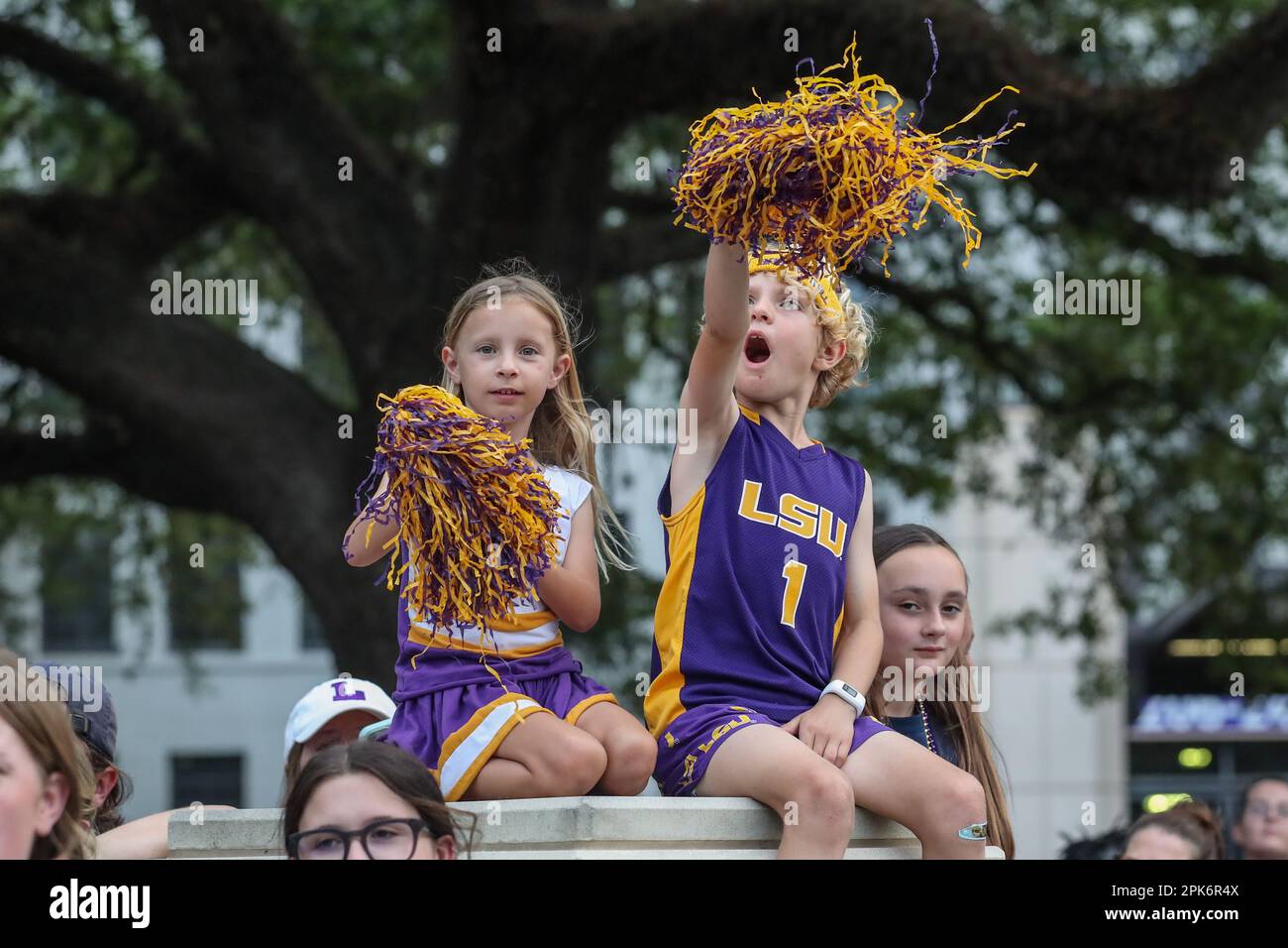 Baton Rouge, LA, USA. 5th Apr, 2023. a pair of young LSU fans cheer for ...