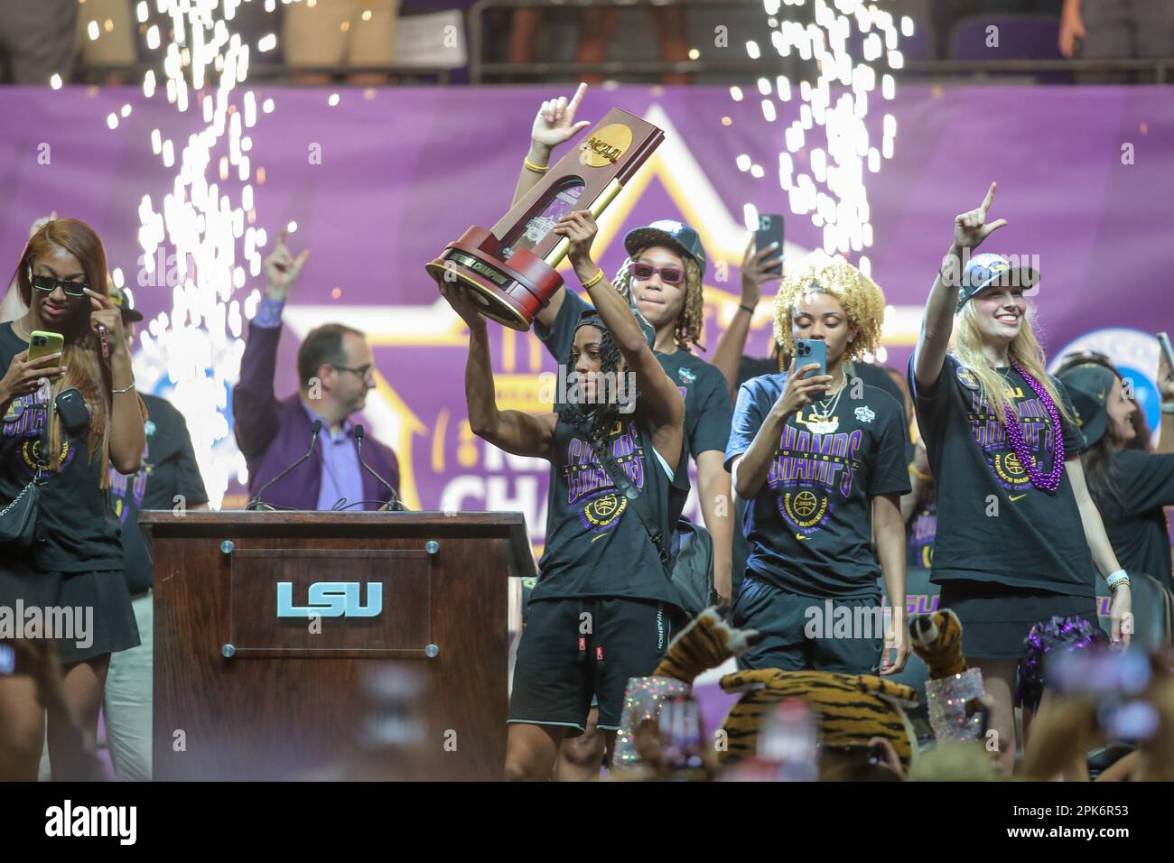 Baton Rouge, LA, USA. 5th Apr, 2023. LSU's Alexis Morris holds up the ...