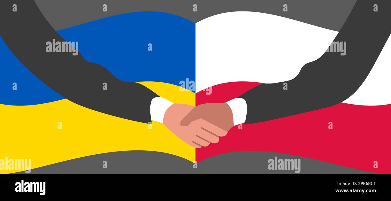 Handshake of two hands against the background of the flags of Poland ...