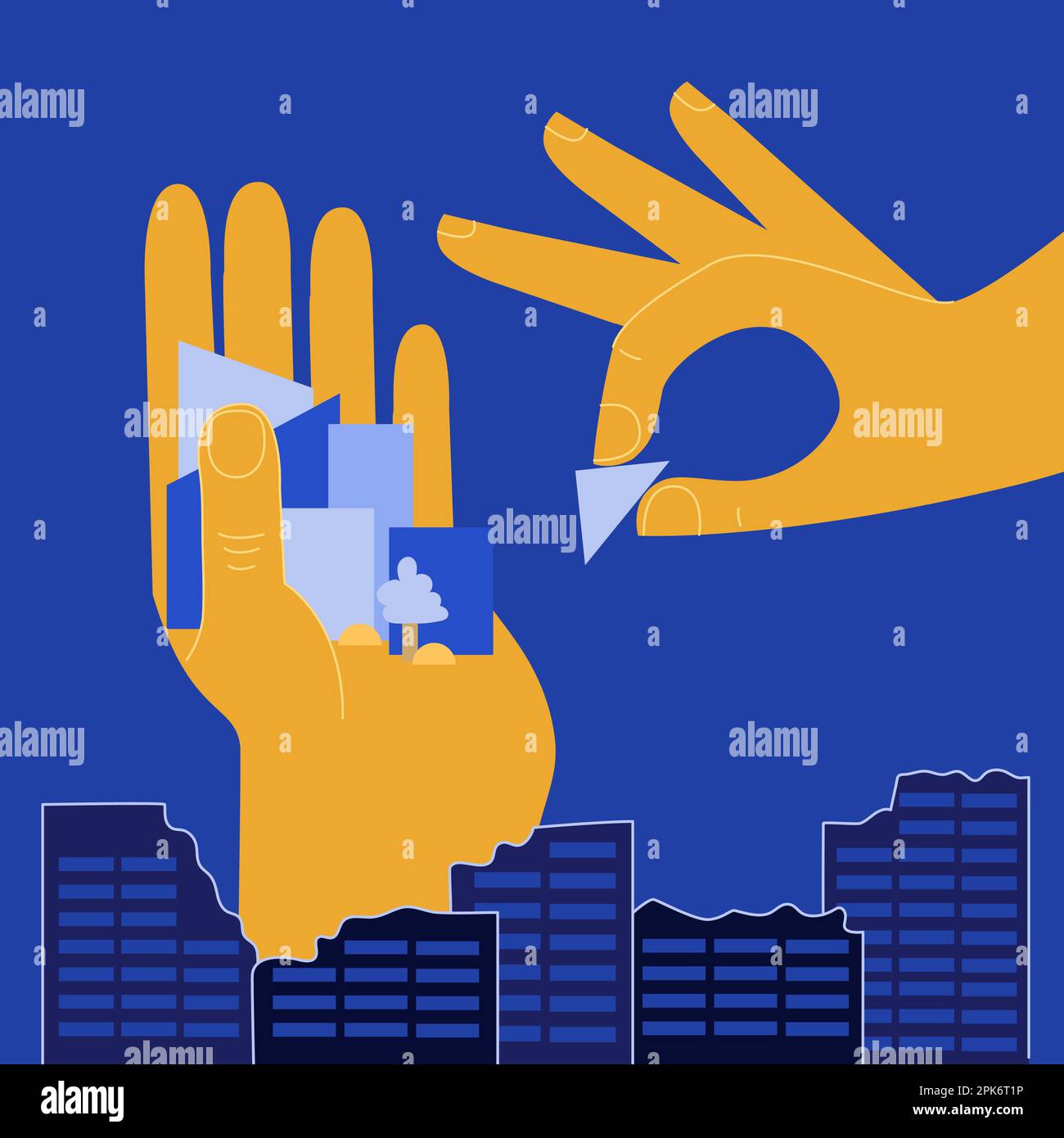 The concept art with HANDS of a builder hold NEW city . They rebuild ...