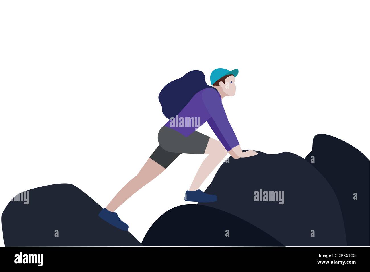 Vector man adventurer sky-running in mountains with backpack flat ...