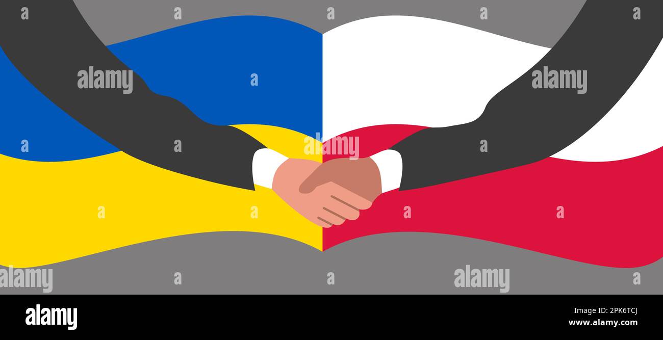 Handshake of two hands against the background of the flags of Poland ...