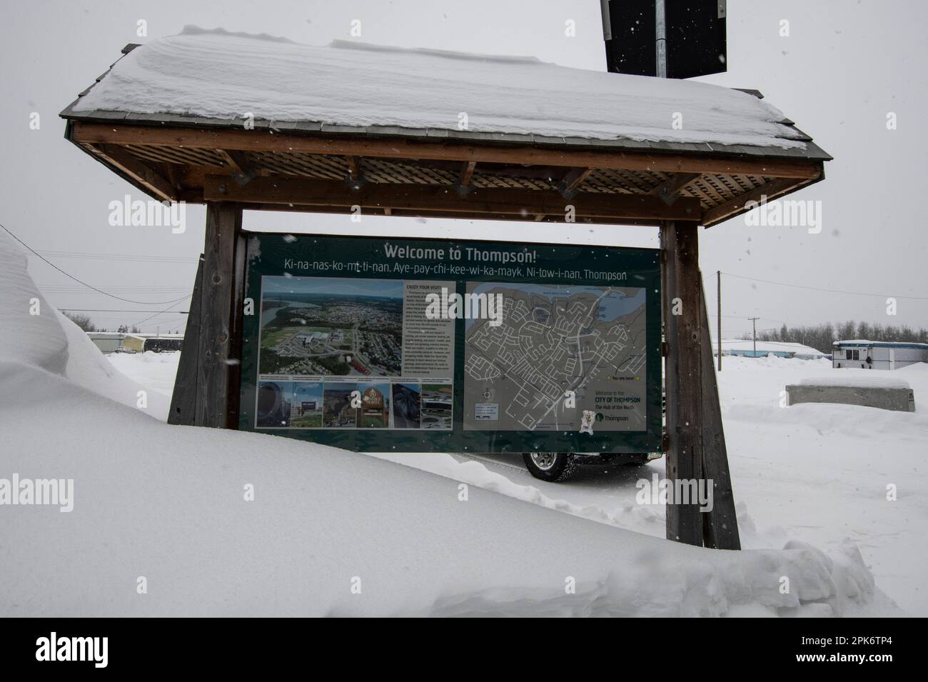 Welcome to Thompson sign at the train station in Thompson, Manitoba ...