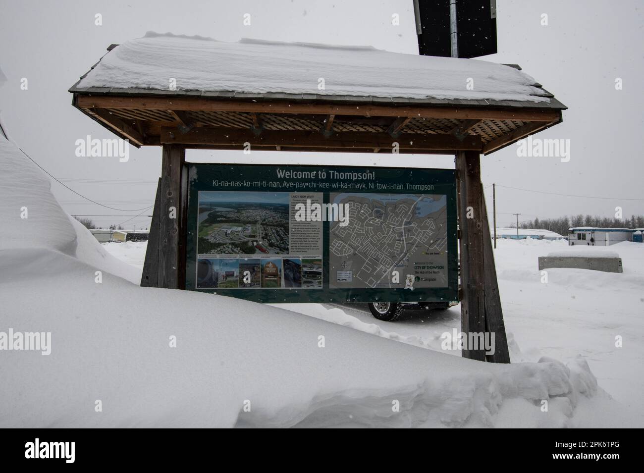 Welcome to Thompson sign at the train station in Thompson, Manitoba ...