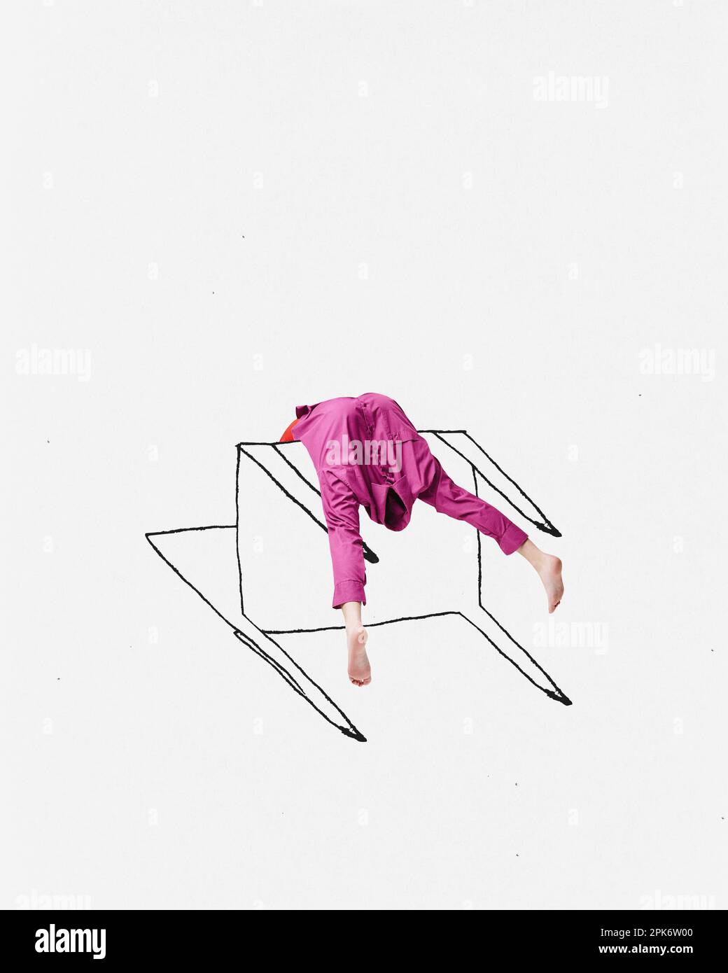 Contemporary art collage with weird human body laying on chair in pink ...