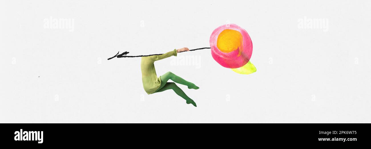Contemporary art collage with faceless woman in green tights and jacket ...