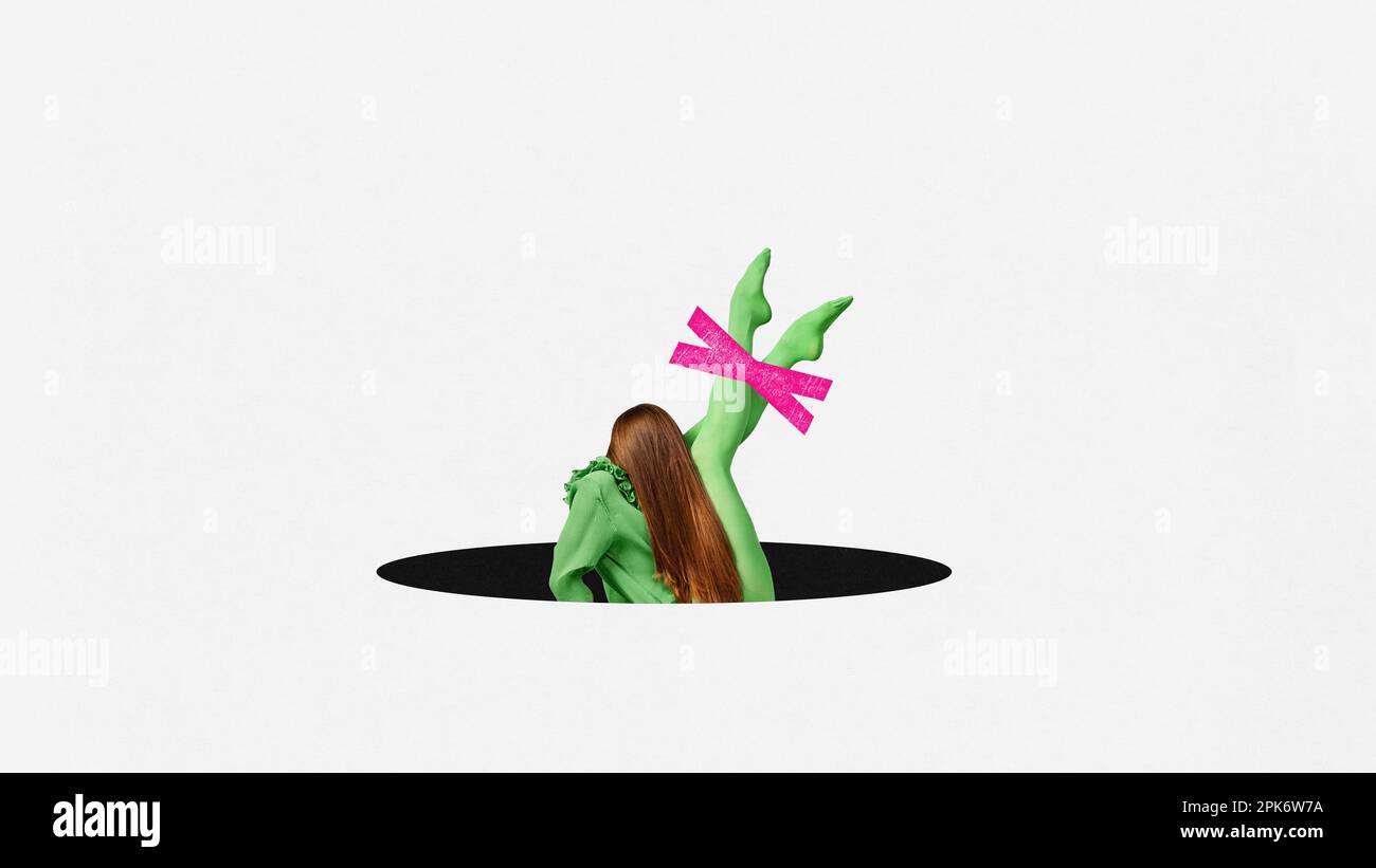 Contemporary art collage with body of girl falling down in portal over ...