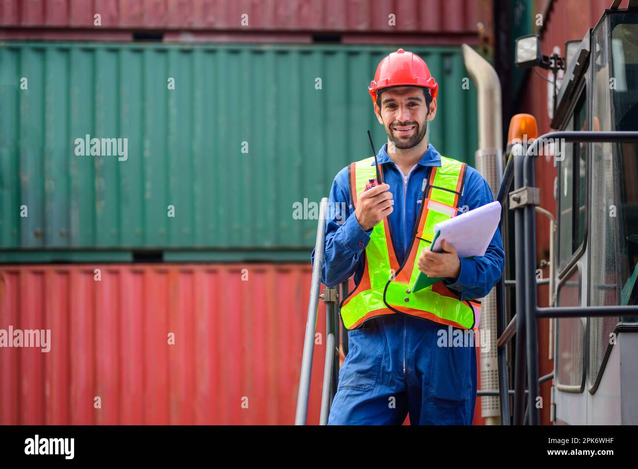 Warehouse engineer worker checking and working at industrial container ...