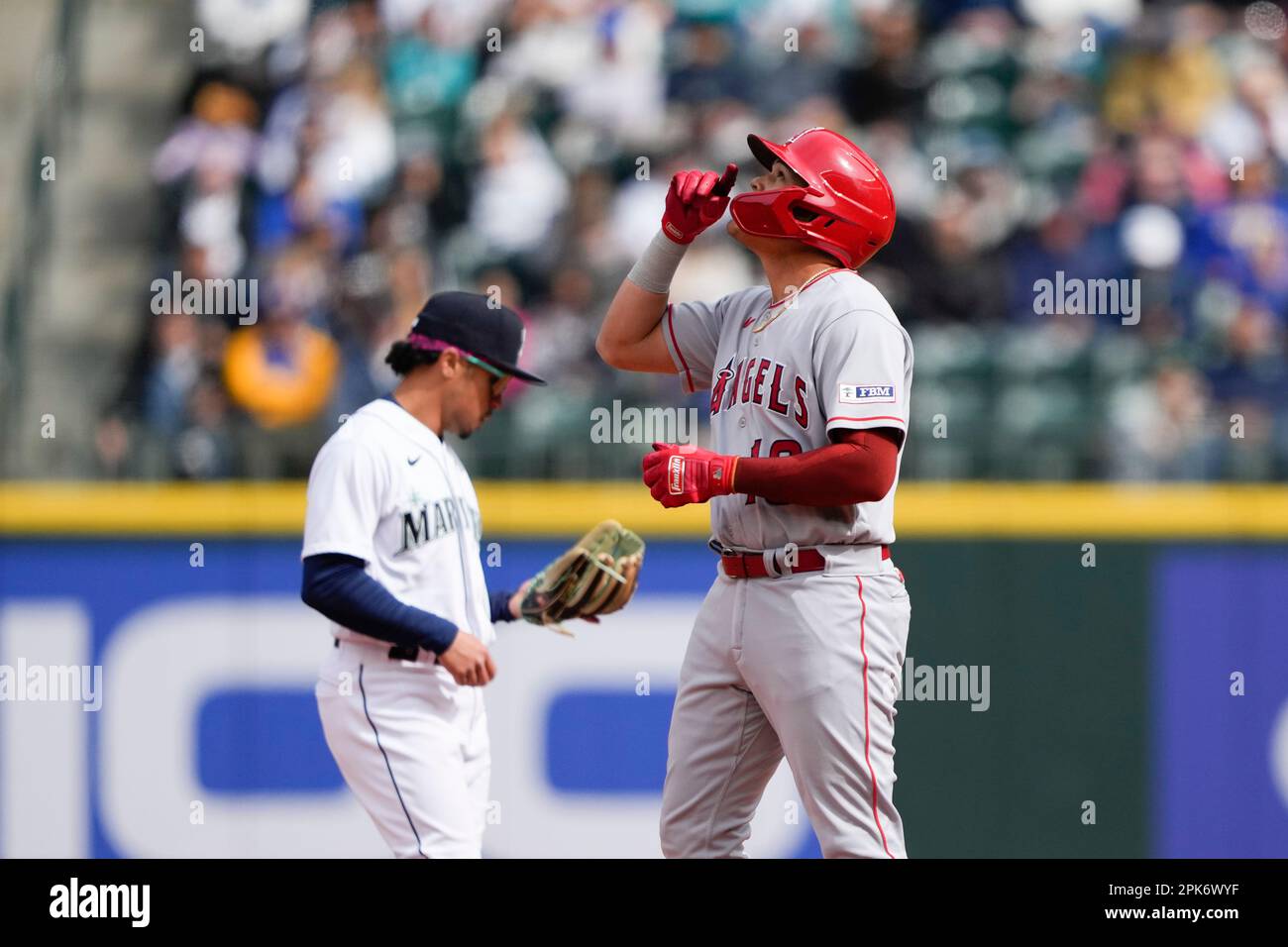 Los Angeles Angels' Gio Urshela reacts after hitting a double against ...