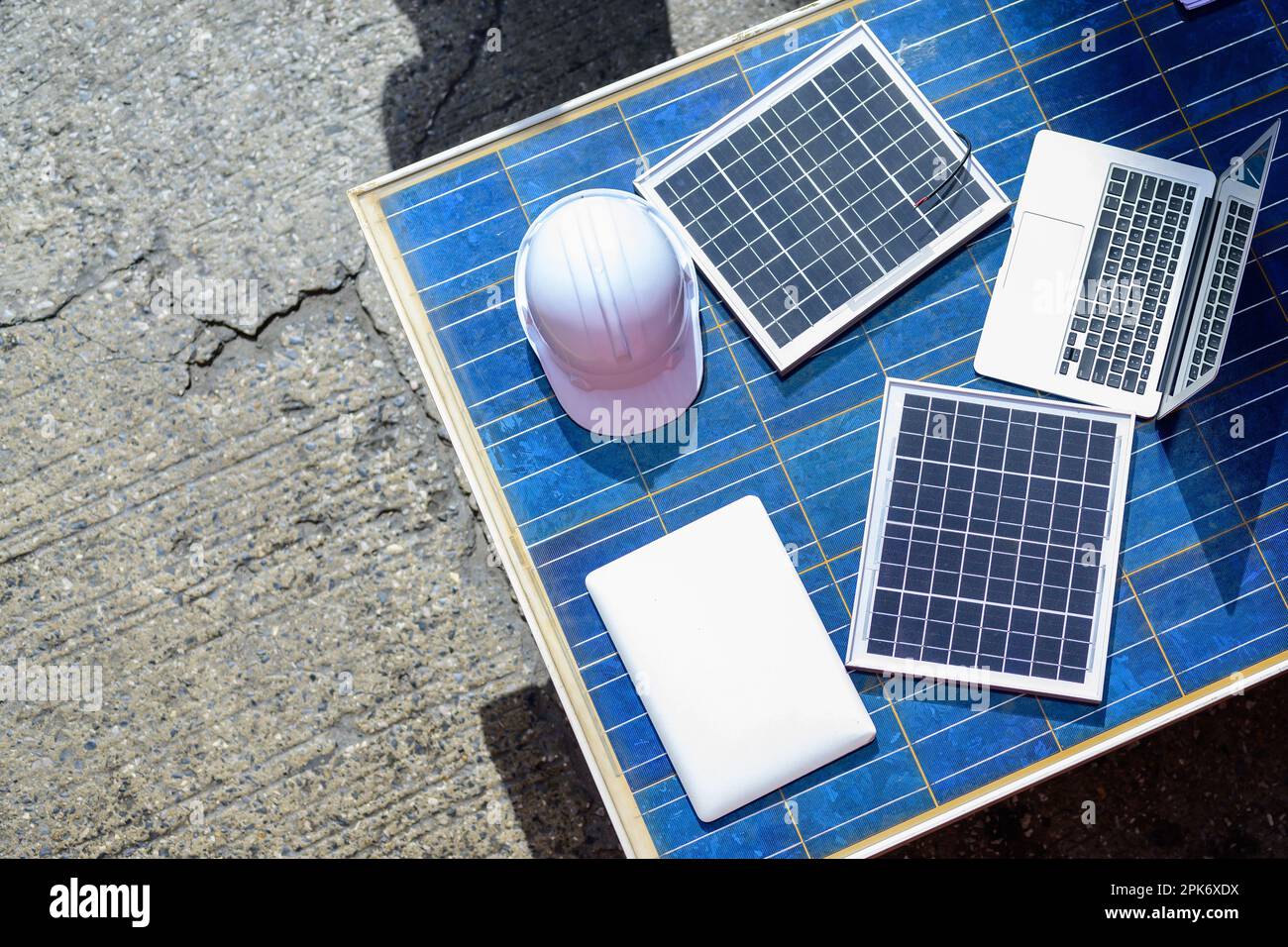 Laptop and solar panels at industrial container yard factory Stock ...