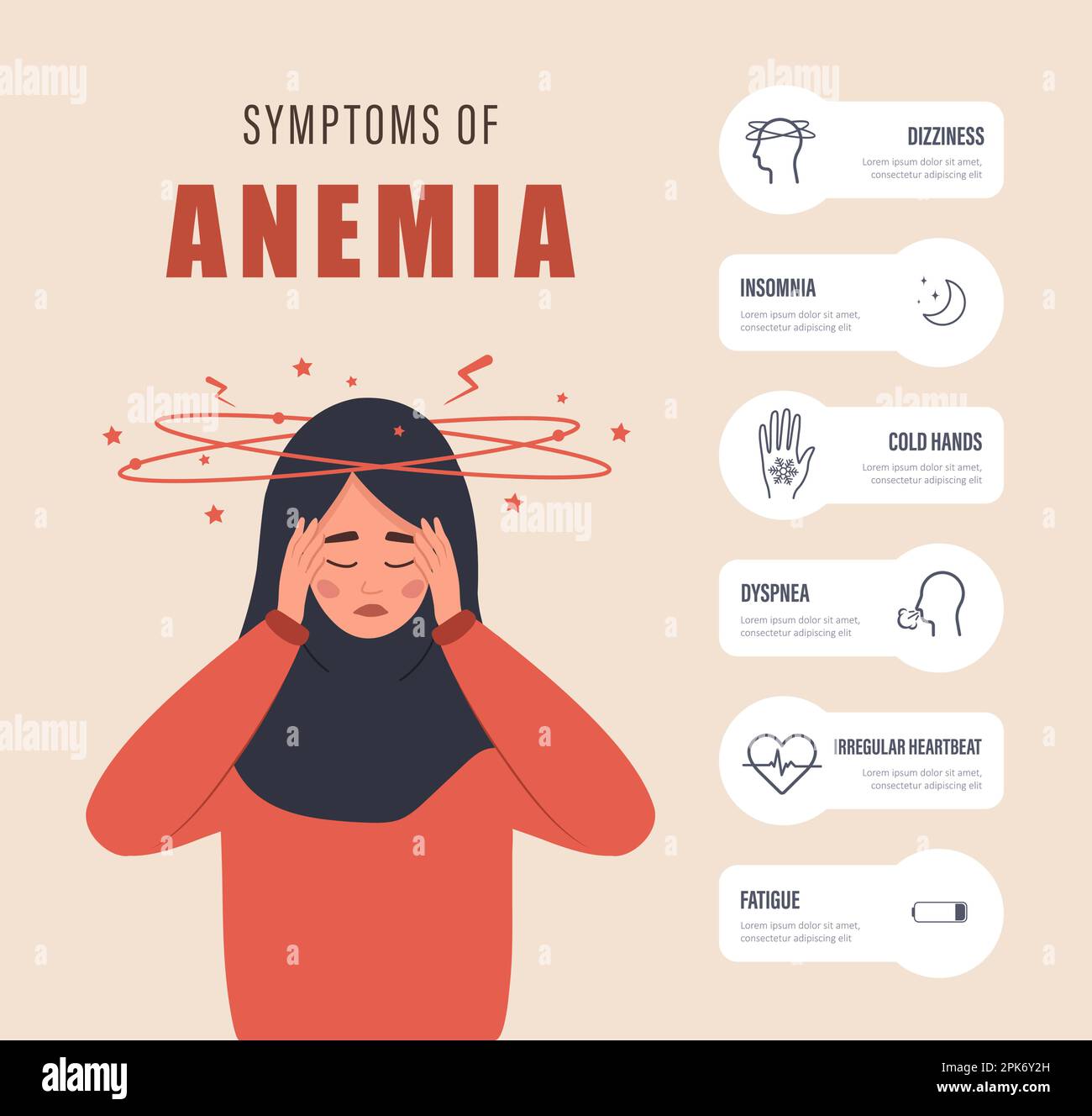 Symptoms of anemia. Unhappy arabian girl suffers from vertigo. Headache ...