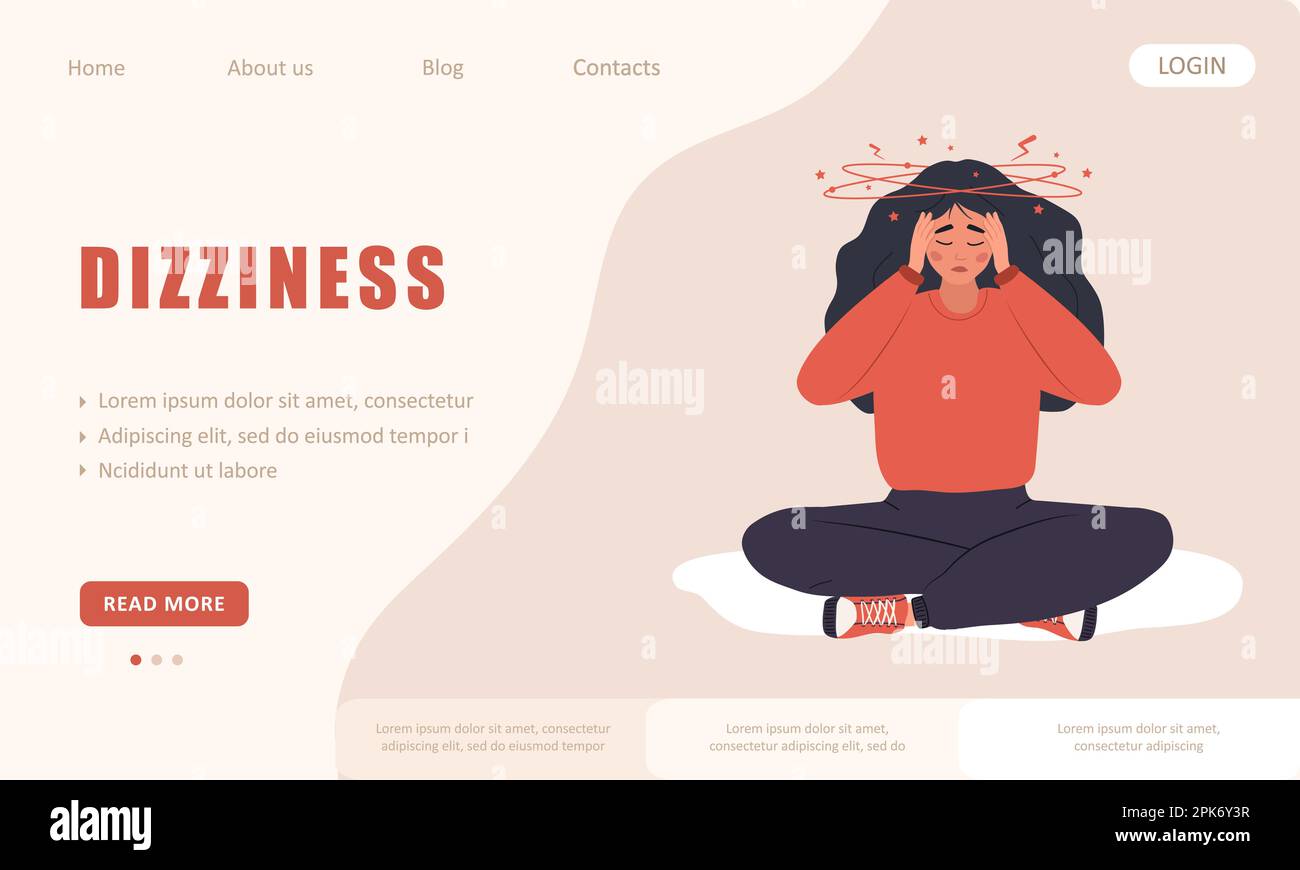 Dizziness concept. Landing page template. Sad woman with vertigo ...