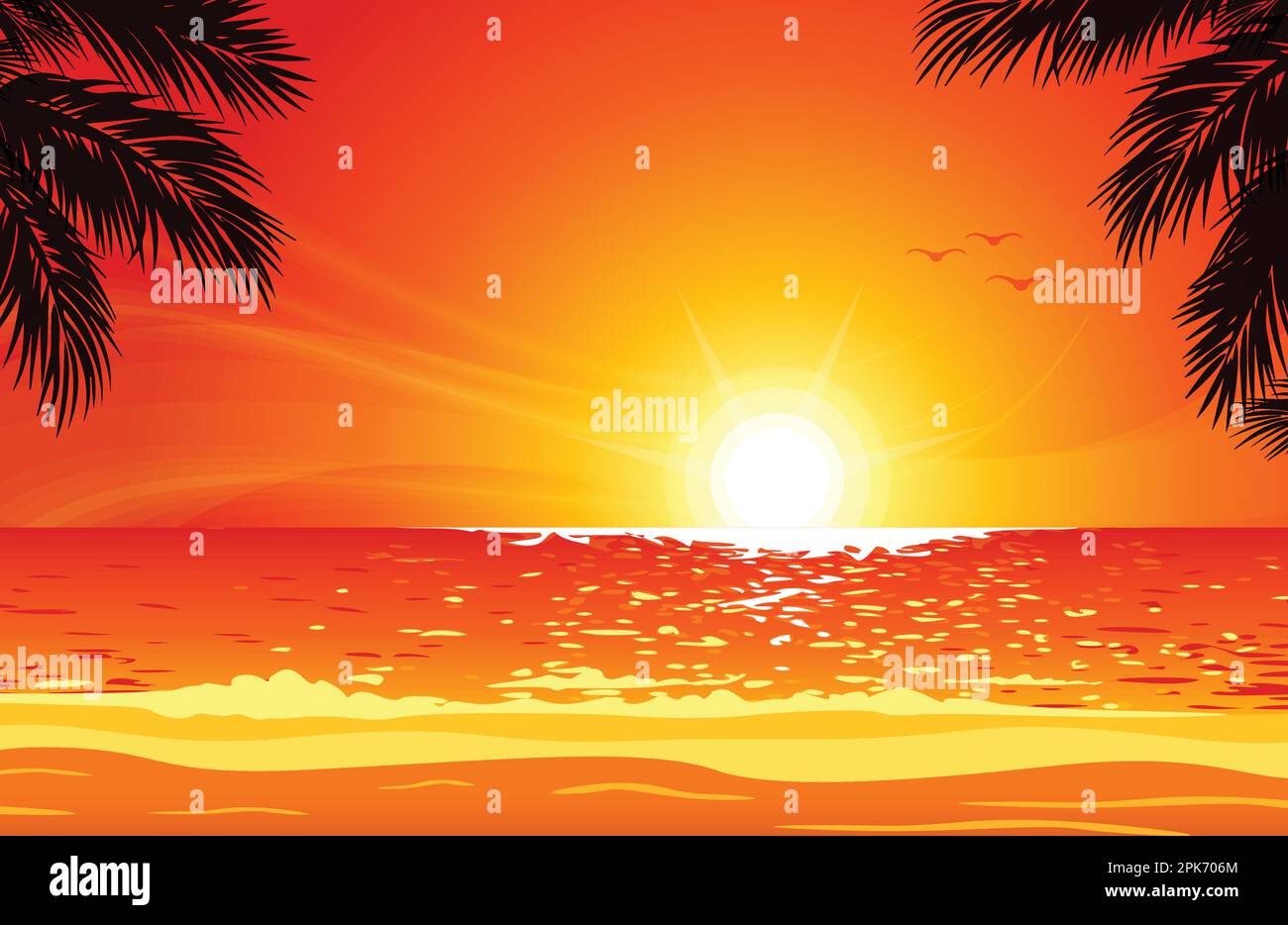 warm tropical beach red orange sunset background with palm trees in ...