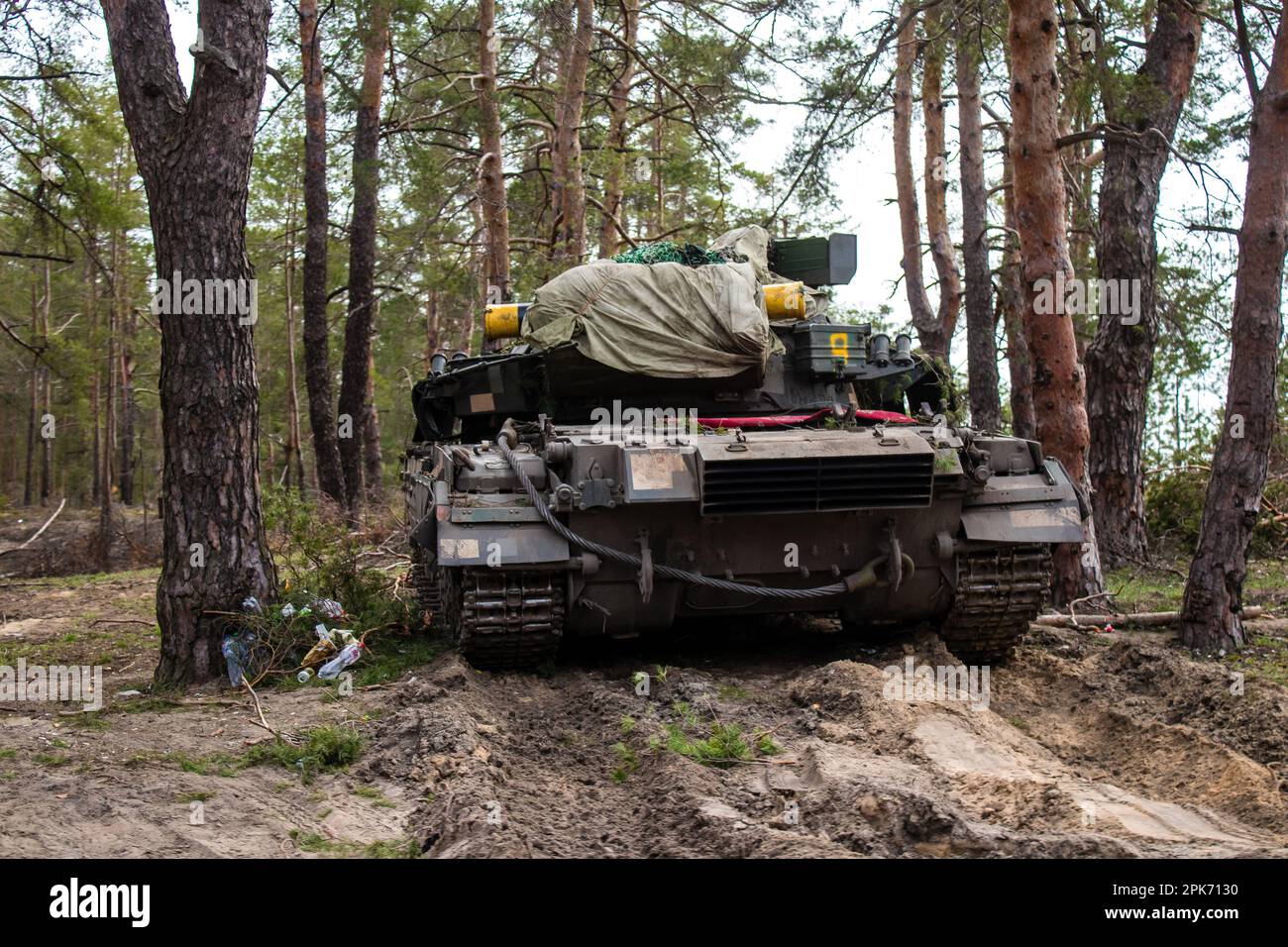 Ukrainian T-72B tank camouflaged in Lyman forest near the front line in ...