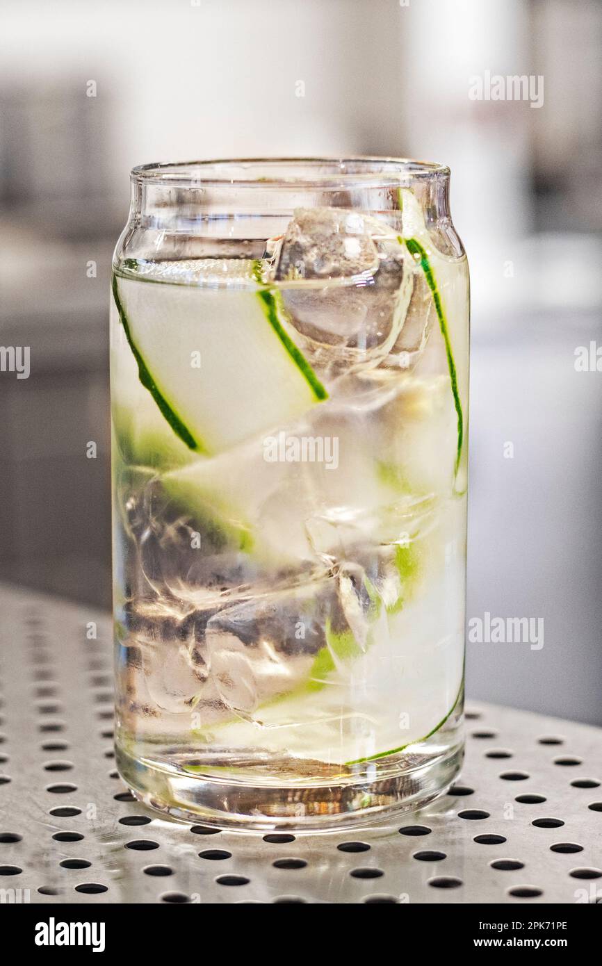cooling cocktail with cucumber, sprite and ice cubes and soda Stock ...