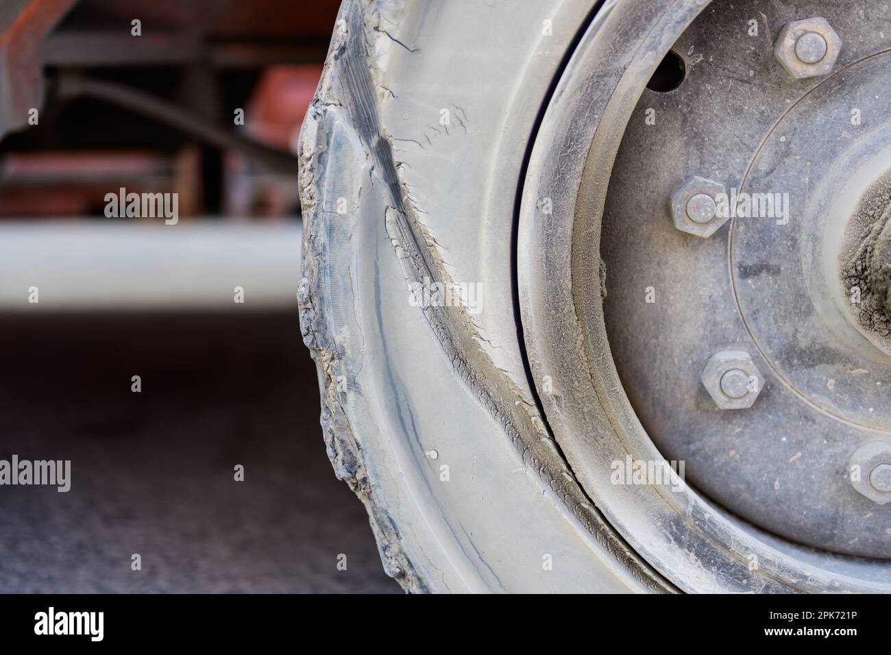 Close up of tire sidewall with damage, Car tire damage at container ...