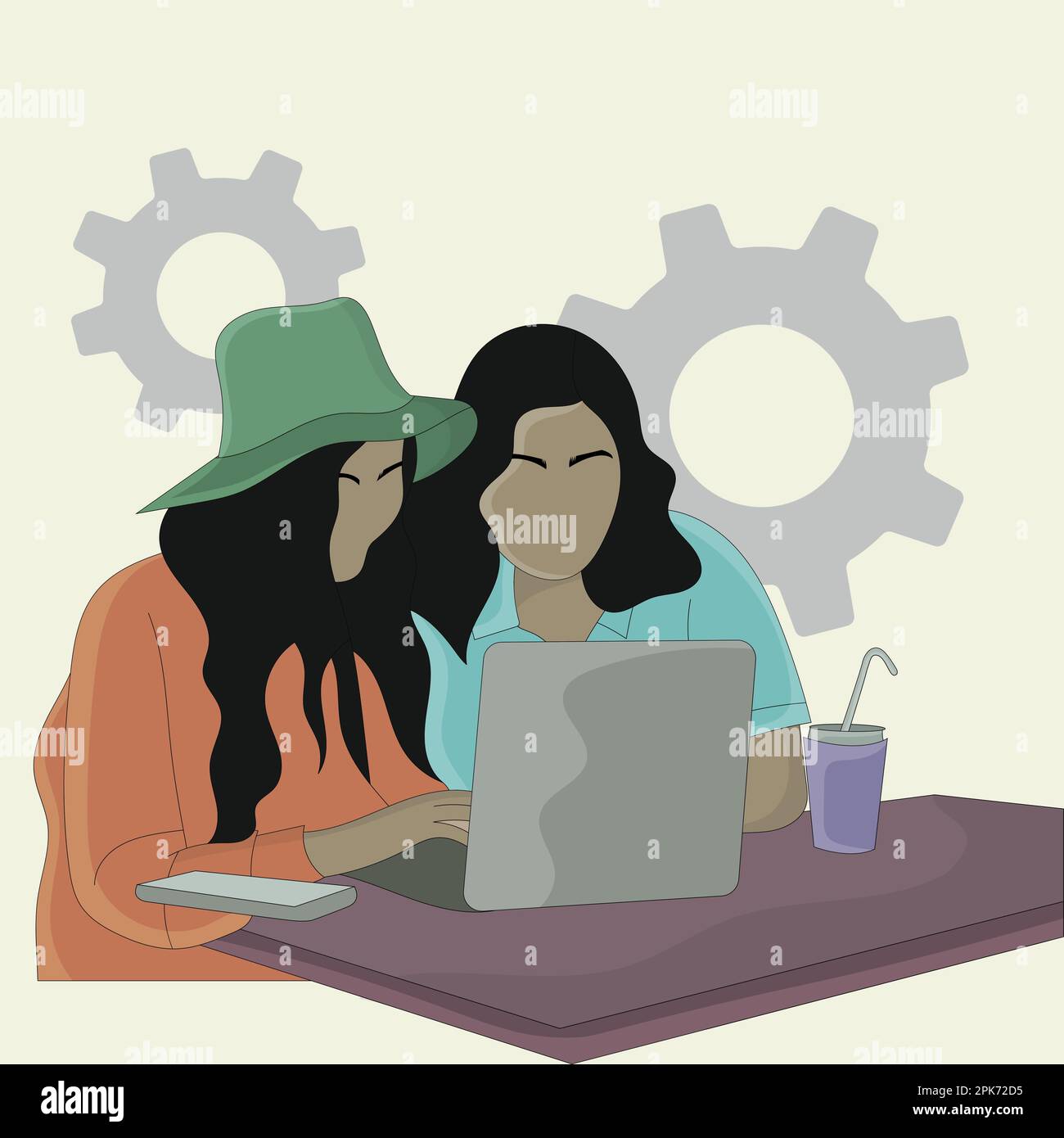 Flat design of two girls looking at laptop computer Stock Vector Image ...