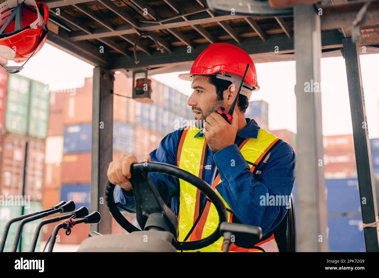 Warehouse engineer worker working at industrial container yard Stock ...