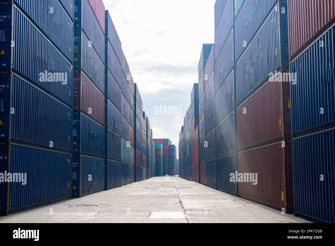 Stack of containers in harbor, Containers yard in port, Port logistics ...