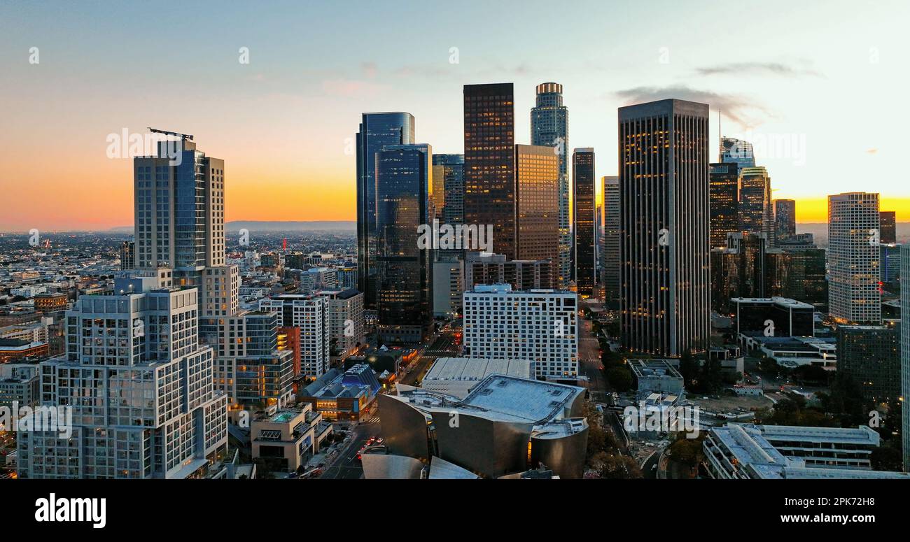 Sunset over Los Angeles downtown. Urban aerial view of downtown Los ...