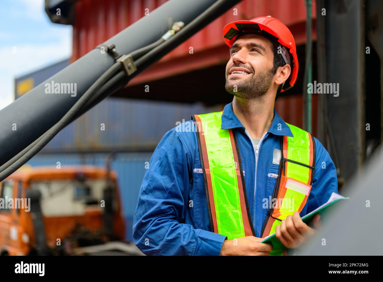 Warehouse engineer worker checking and working at industrial container ...