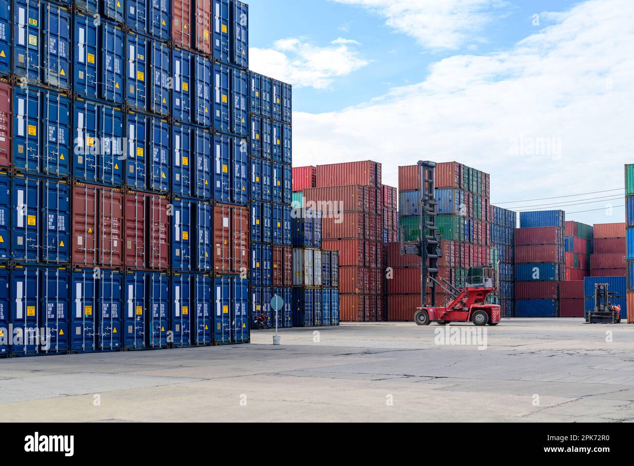 Stack of containers in harbor, Containers yard in port, Port logistics ...