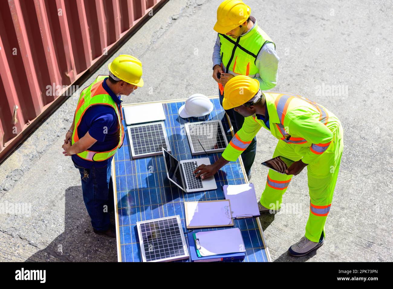 Warehouse engineer worker checking and working at industrial container ...