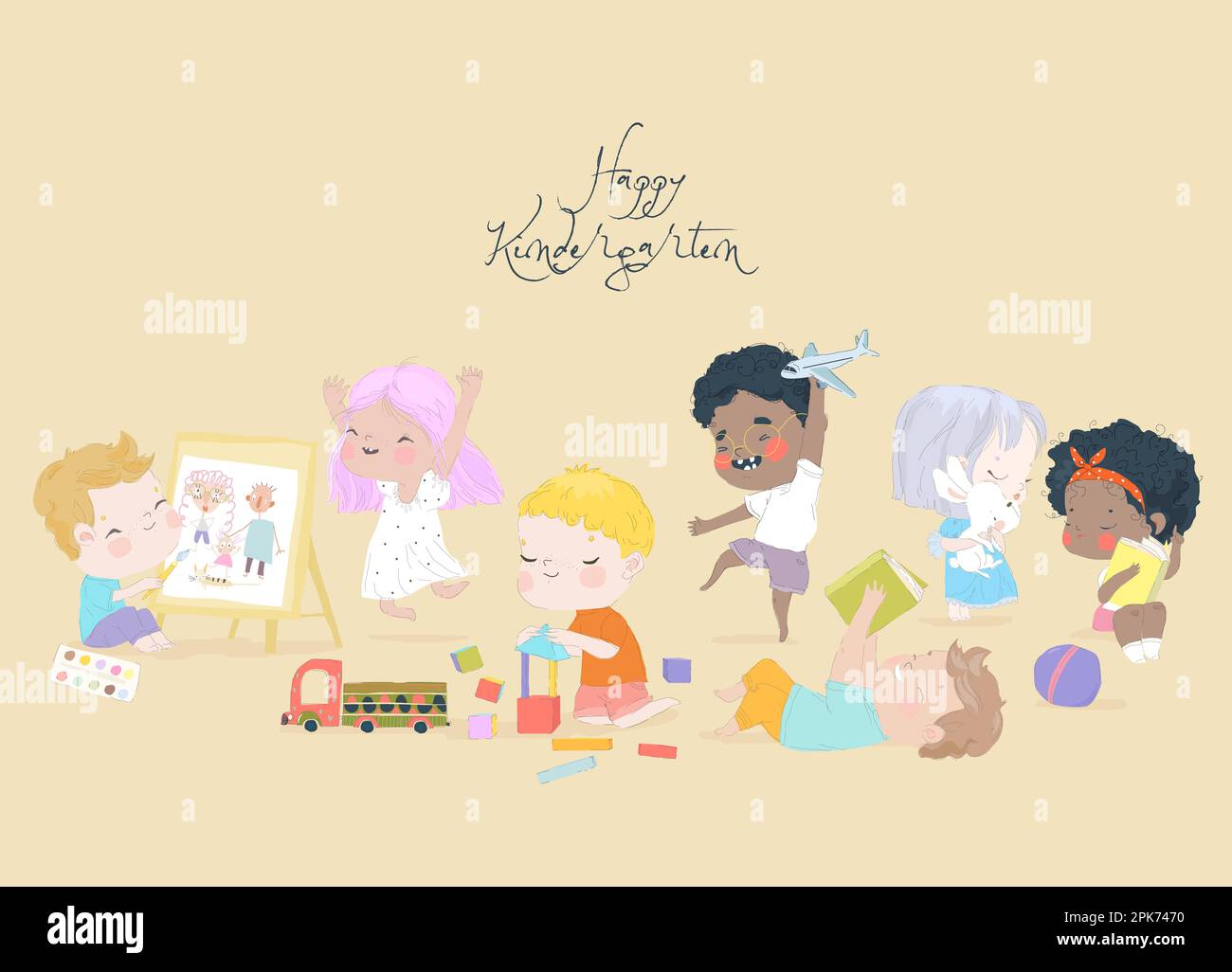 Cute Cartoon Children playing together in Kindergarten Stock Vector ...