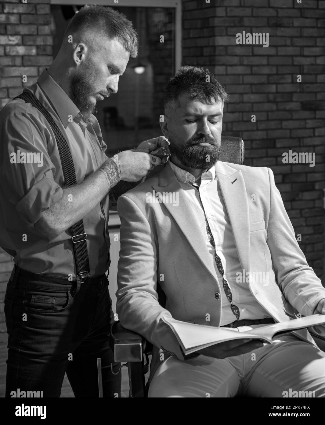 Styling with shaver. Barber scissors. Shaving man and razor man. Barber ...