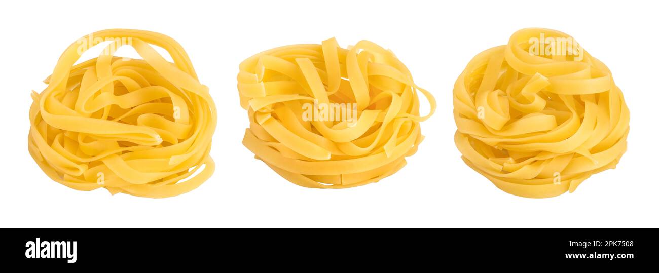 Raw tagliatelle pasta isolated on white background with full depth of ...