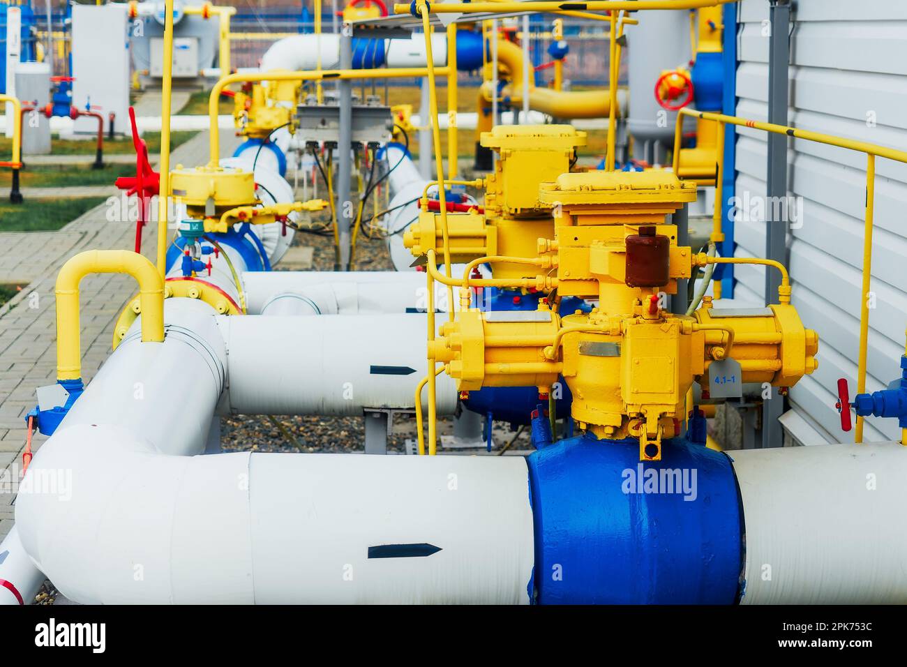 This is new gas compressor station on summer day. View of production ...