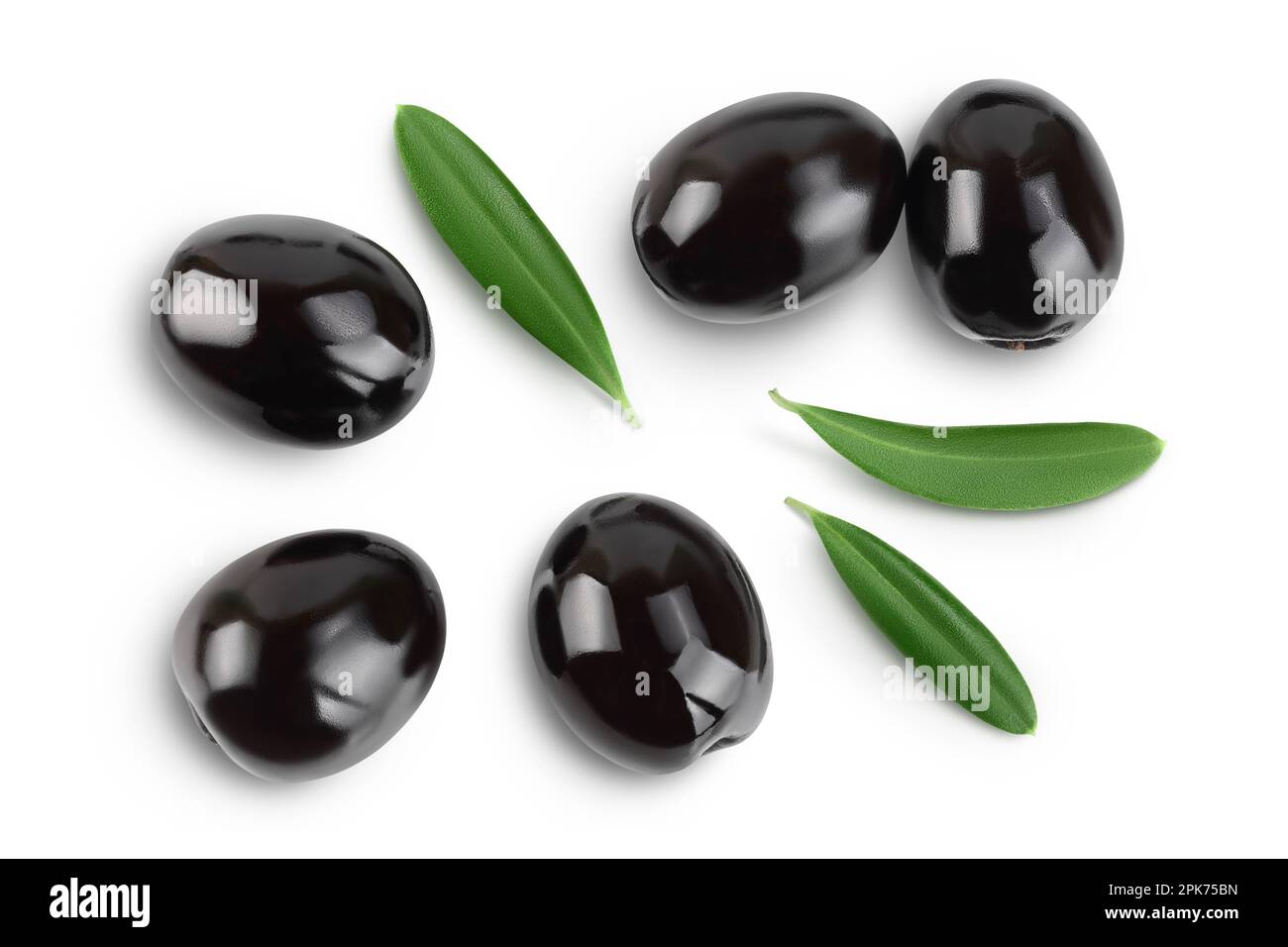Black olives with leaves isolated on a white background with full depth ...