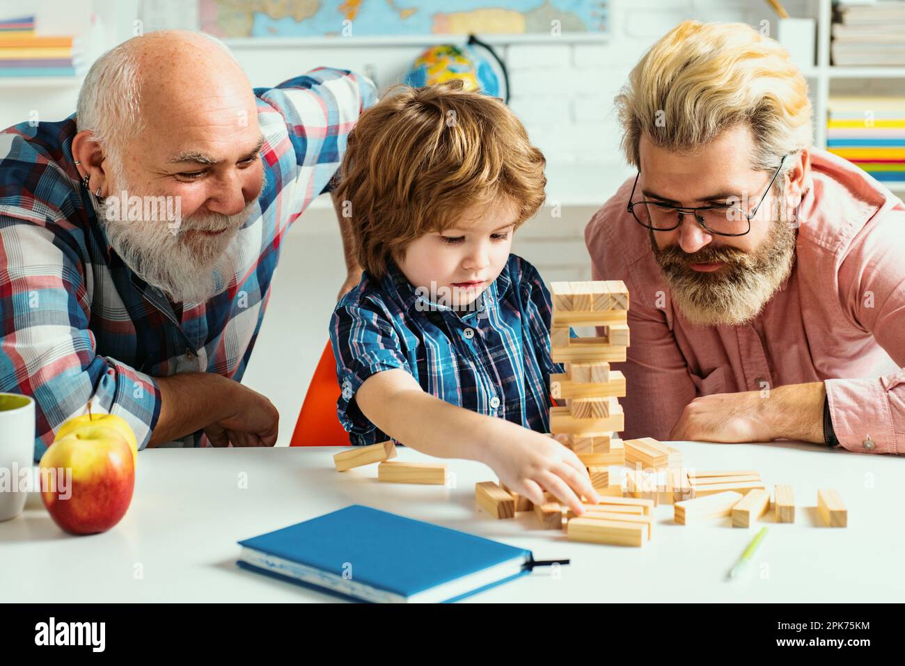 Family tree. Pupil with father and grandfather enjoying together at ...