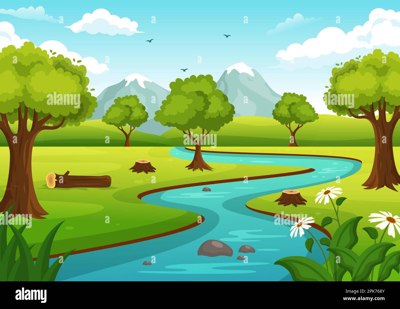 River Landscape Illustration with View Mountains, Green Fields, Trees ...