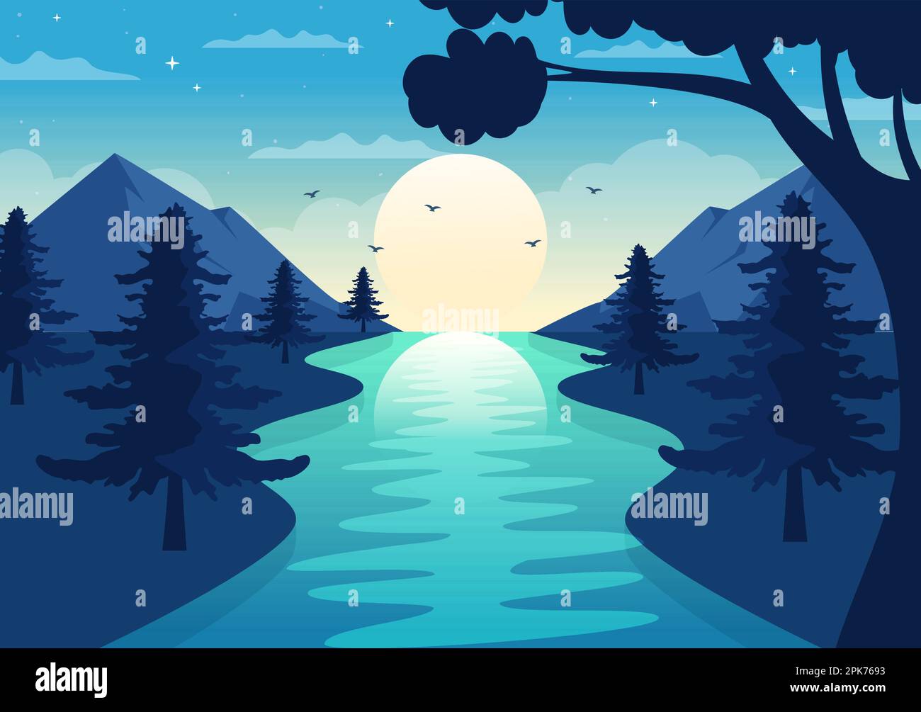 River Landscape Illustration with View Mountains, Green Fields, Trees ...