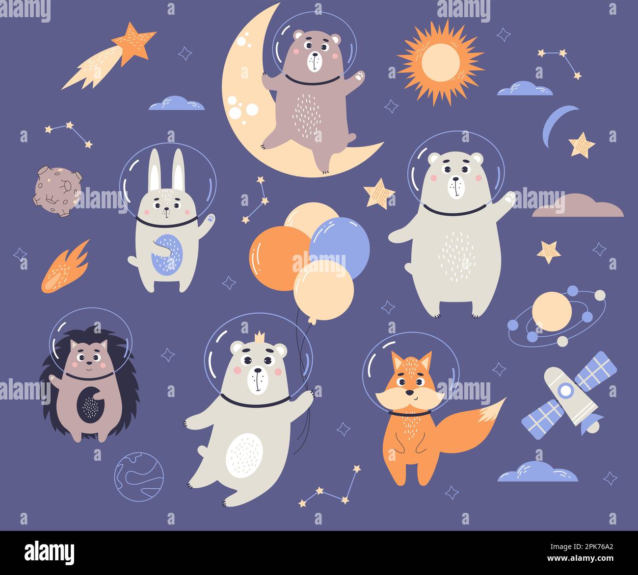 Collection cute animal astronauts. Funny space bears, fox, hedgehog and ...