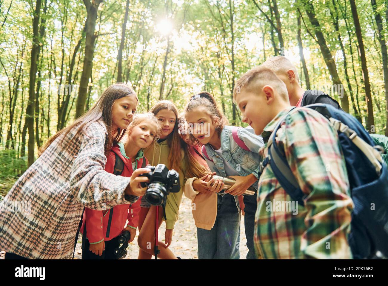 Holding camera. Kids in green forest at summer daytime together Stock ...