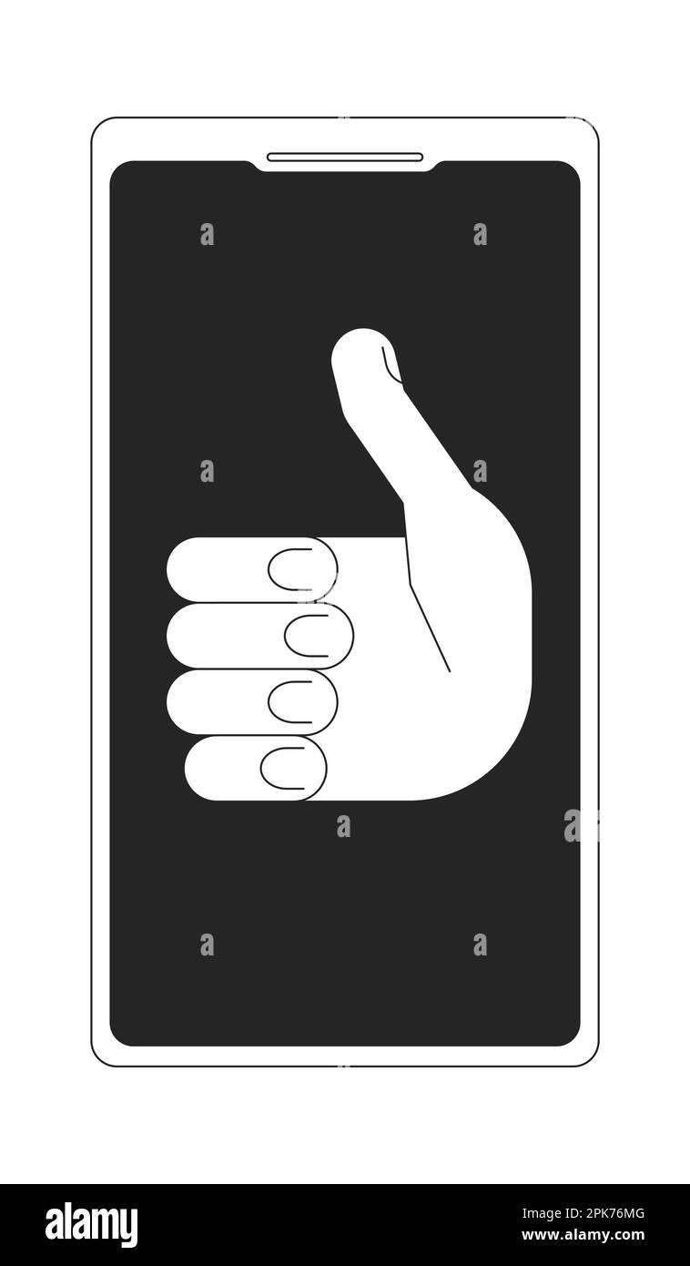 Mobile phone screen with thumb up hand monochrome flat vector object ...