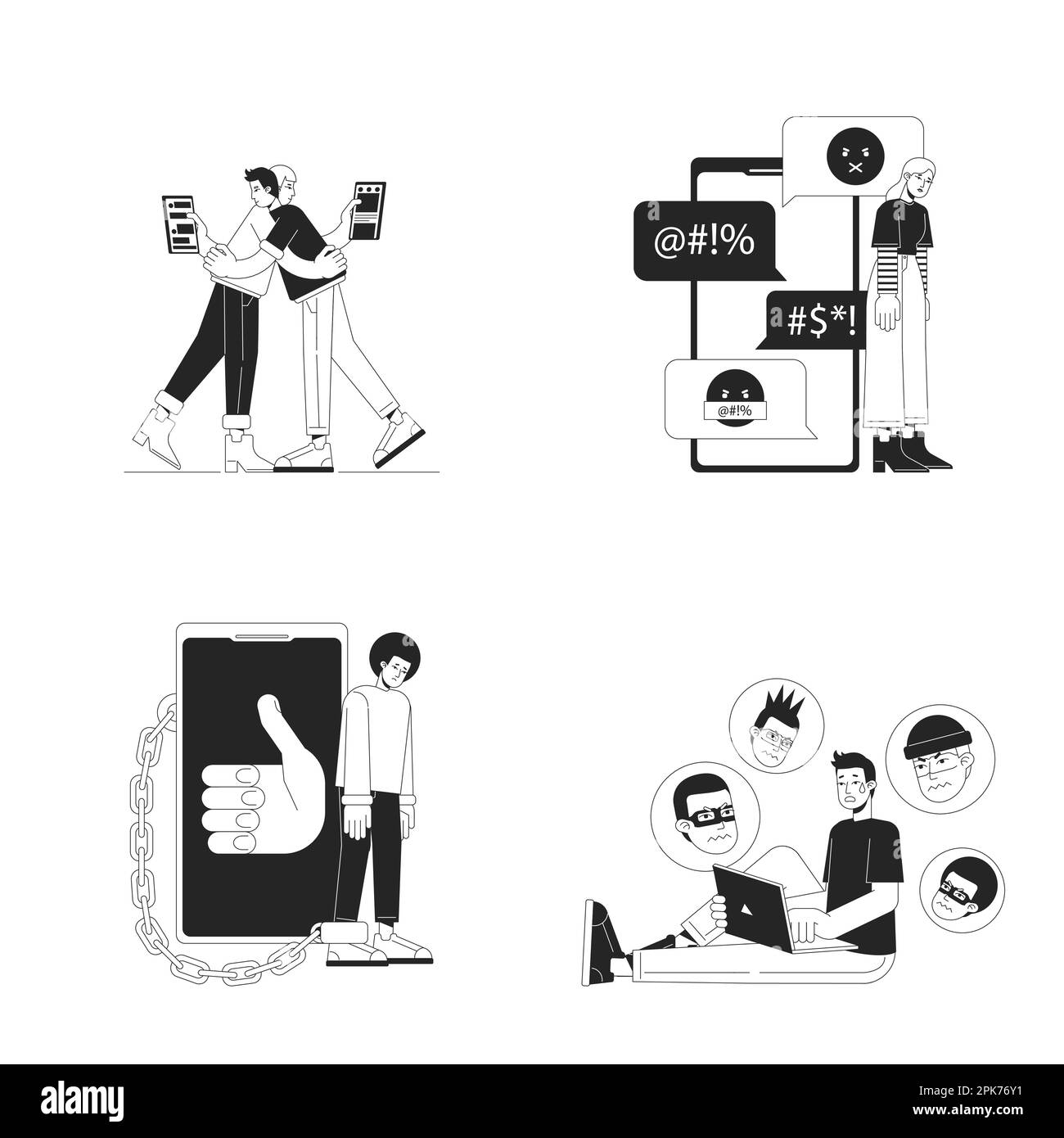 Dangers of using internet nowadays black and white concept vector spot illustration set Stock ...