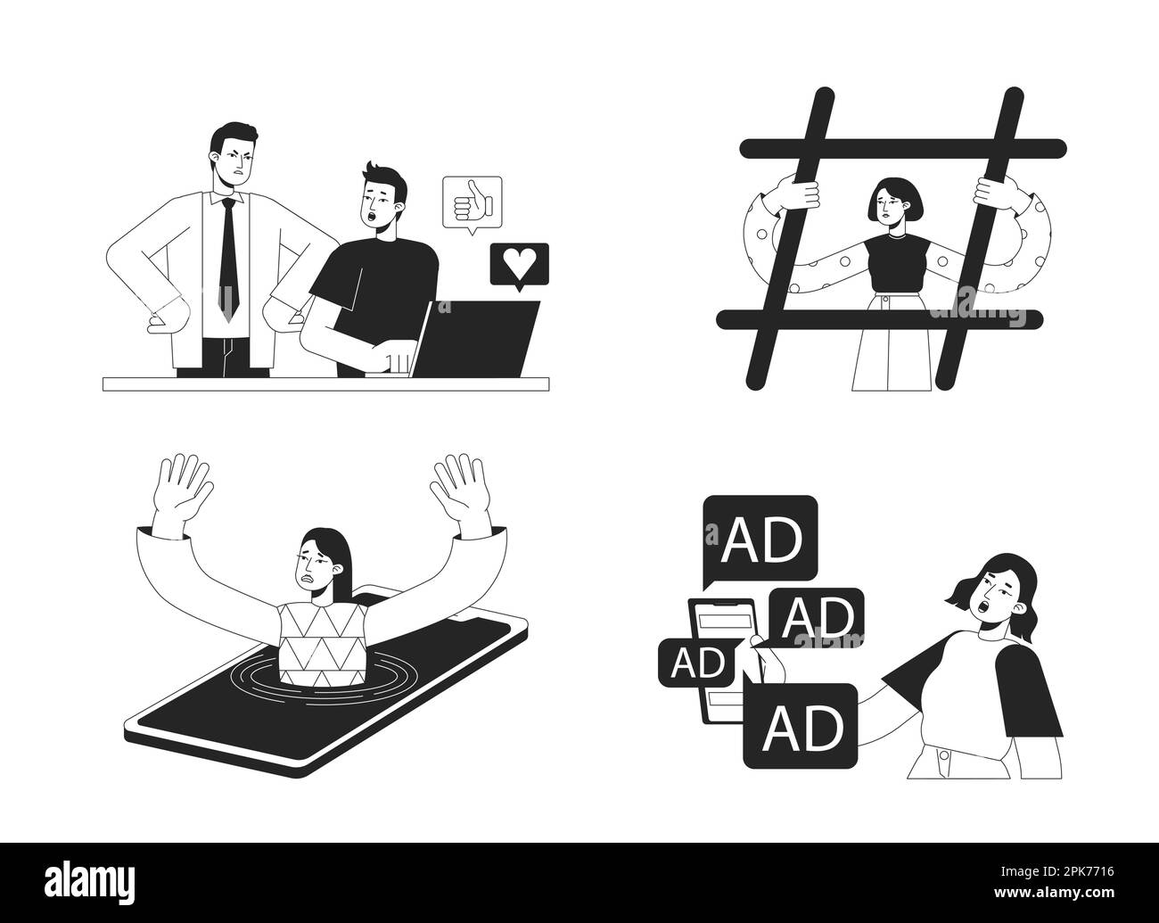 Obsessive social media use black and white concept vector spot illustration set Stock Vector ...