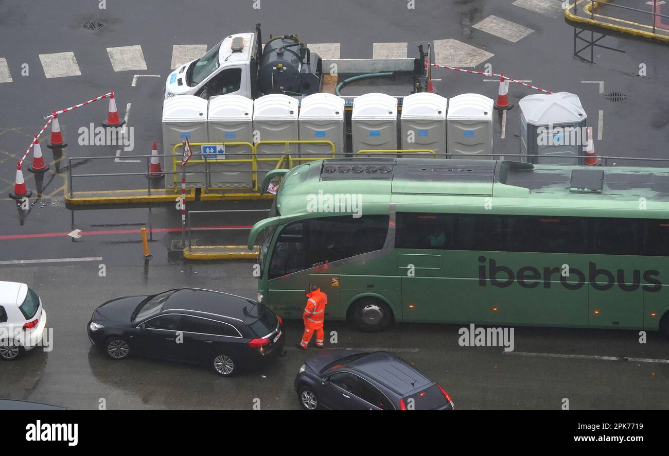 Portable toilets are installed at the Port of Dover in Kent as the ...