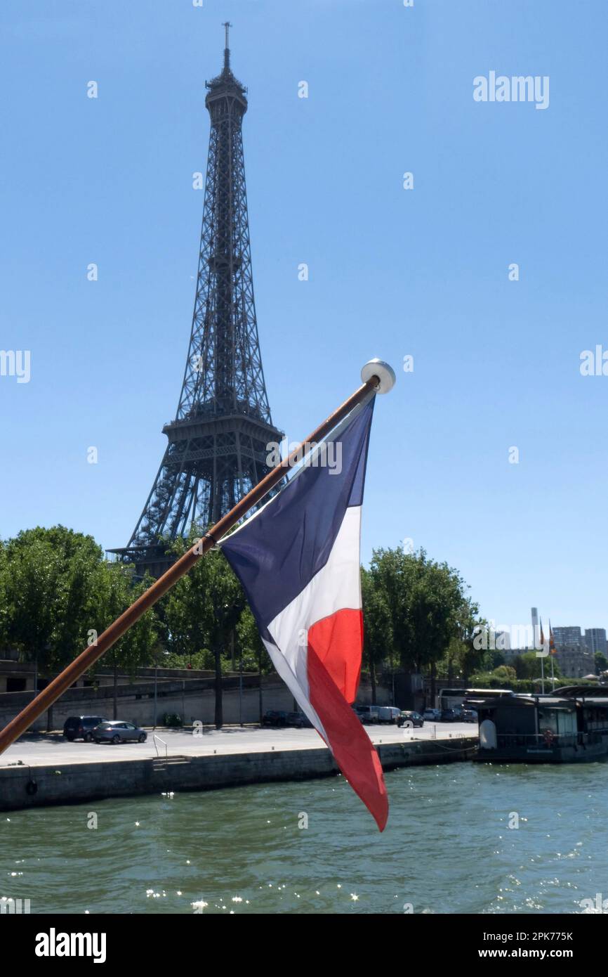 Eiffel Tower & the French Tricolor from the River Seine in Paris France ...