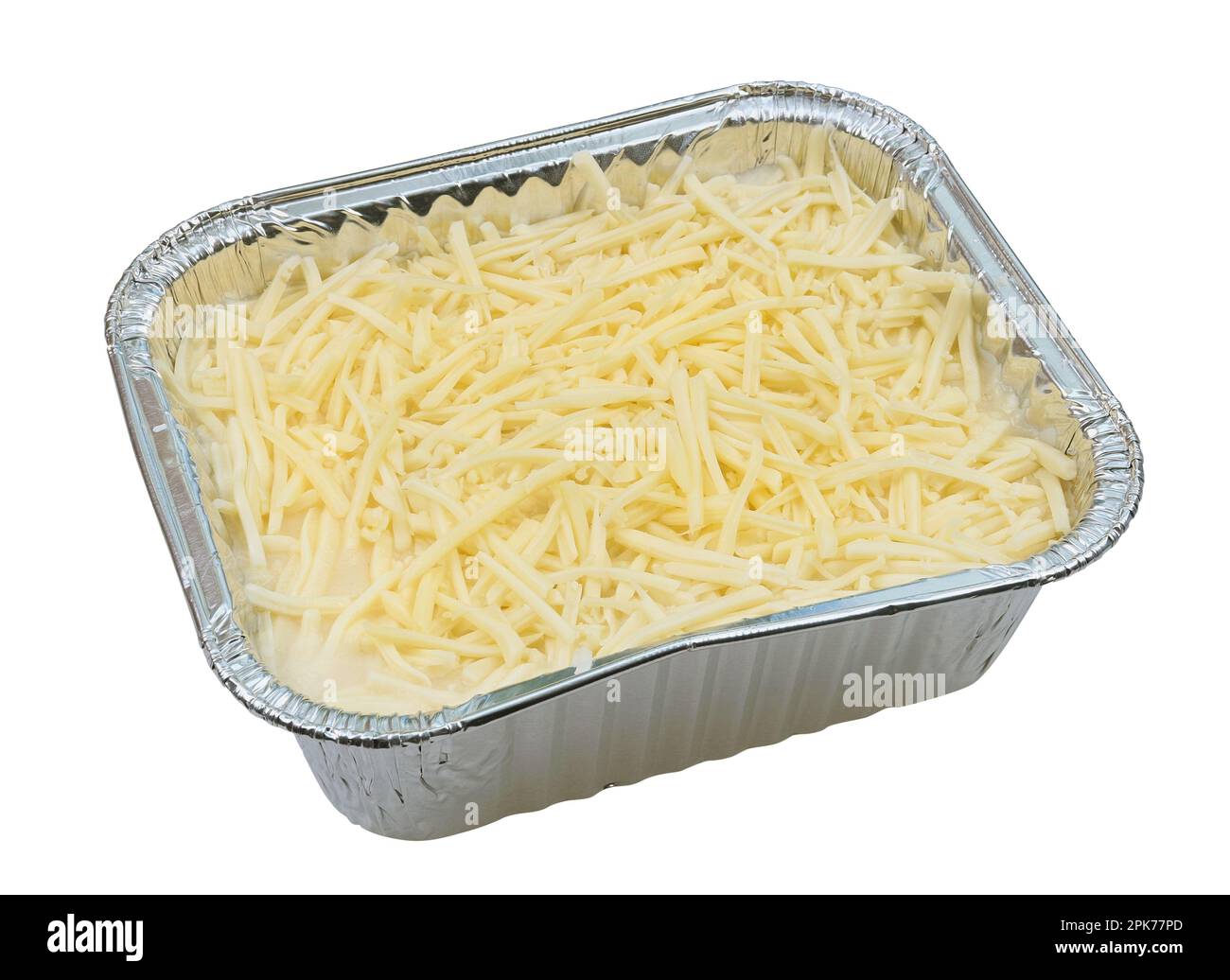 Frozen semi-finished lasagna in an aluminum container. Isolated on ...