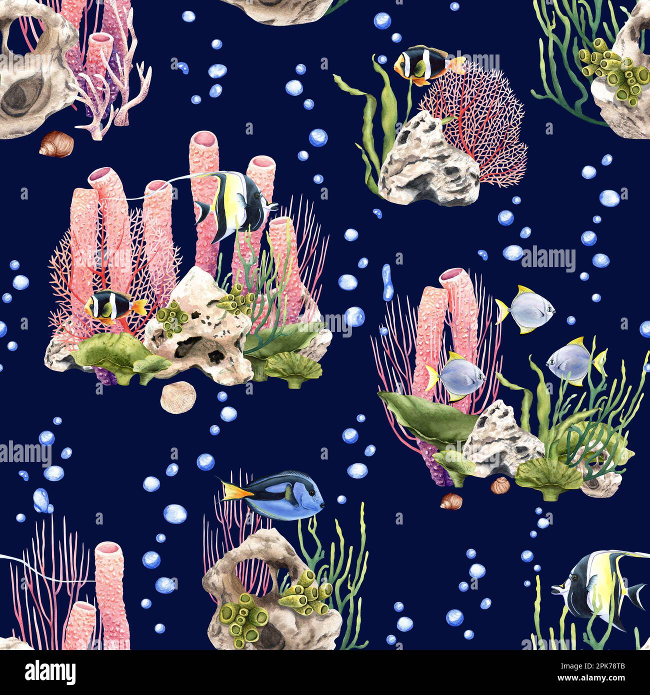 Watercolor seamless pattern with coralls, exotic coral reef fishes ...