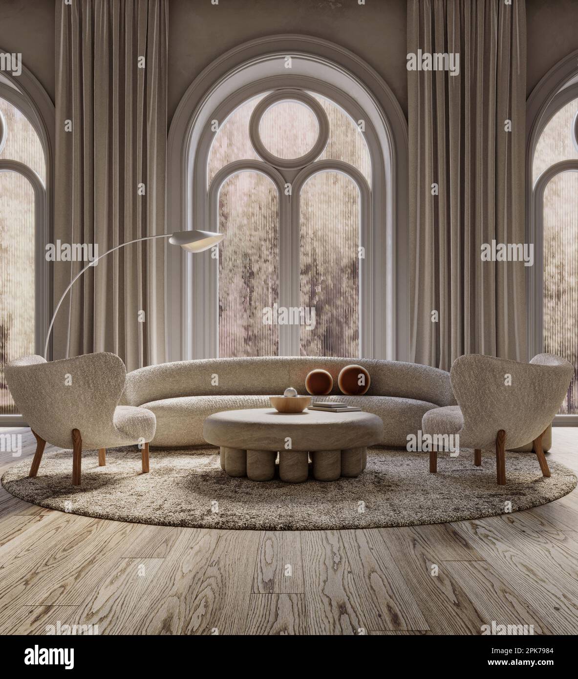 Cozy living room interior with arch windows and modern furniture Stock ...